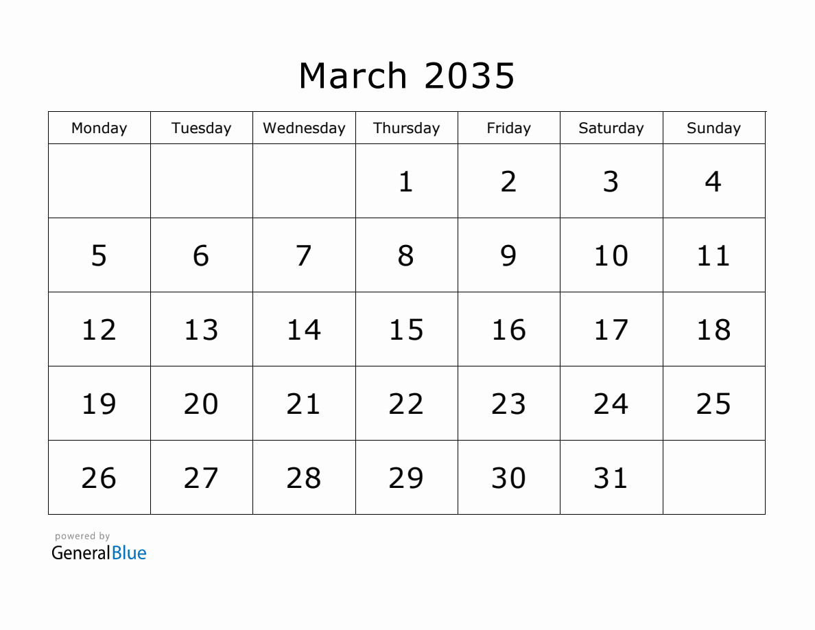 Printable March 2035 Calendar - Monday Start