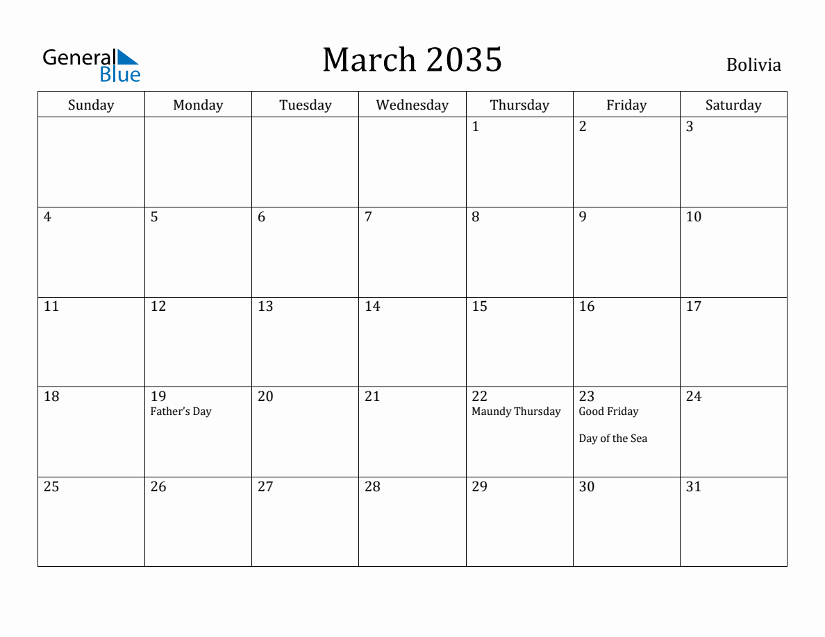 March 2035 Monthly Calendar with Bolivia Holidays
