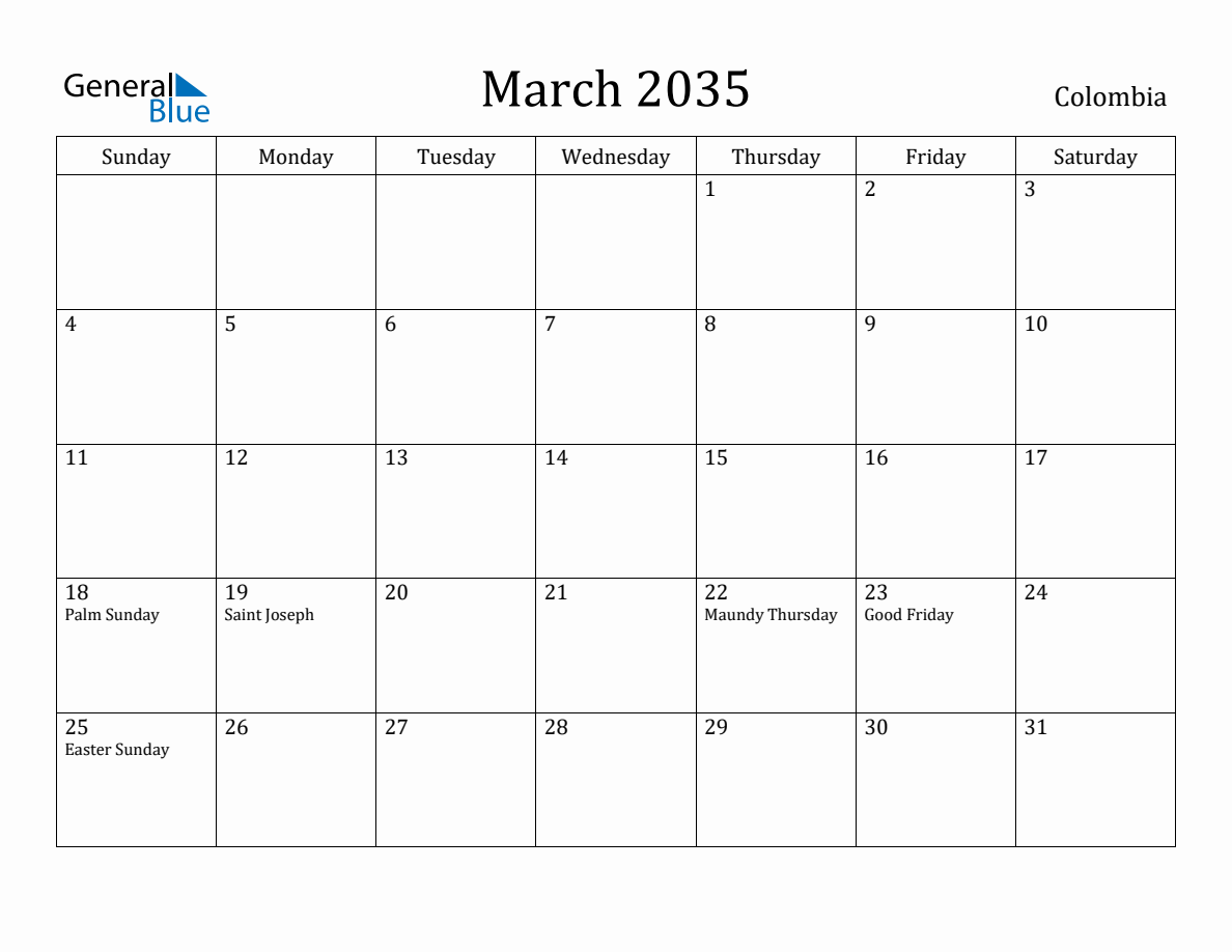 March 2035 Monthly Calendar with Colombia Holidays