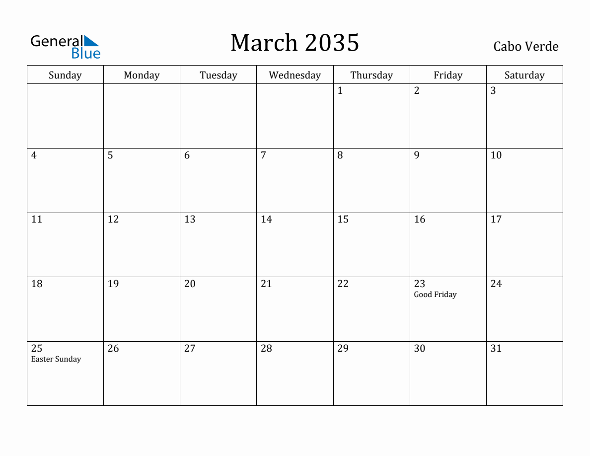 March 2035 Monthly Calendar with Cabo Verde Holidays