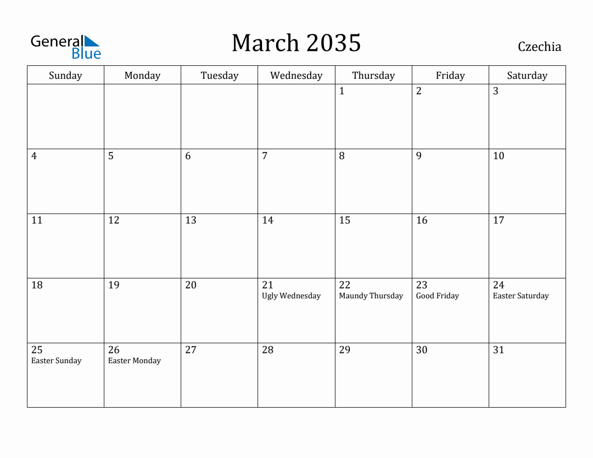 March 2035 Monthly Calendar with Czechia Holidays
