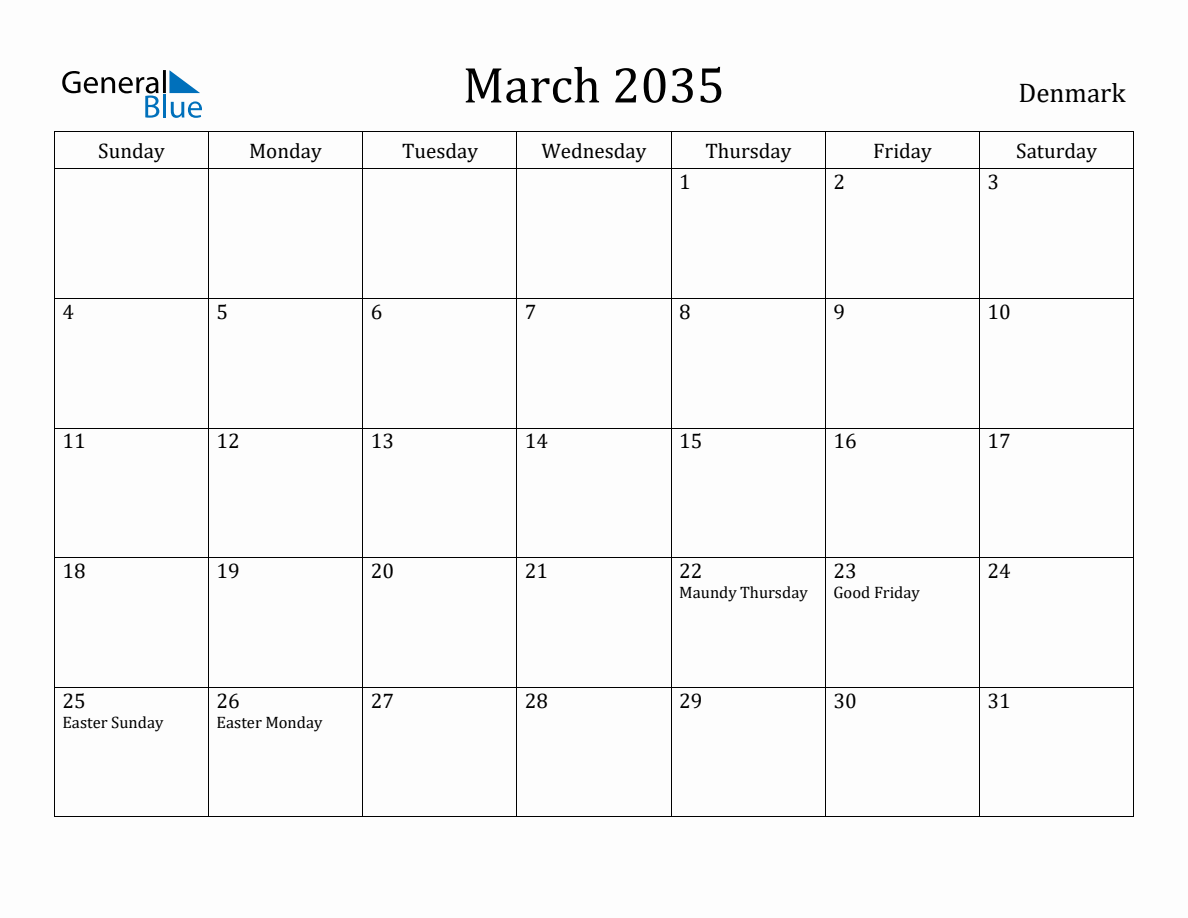 March 2035 Monthly Calendar with Denmark Holidays
