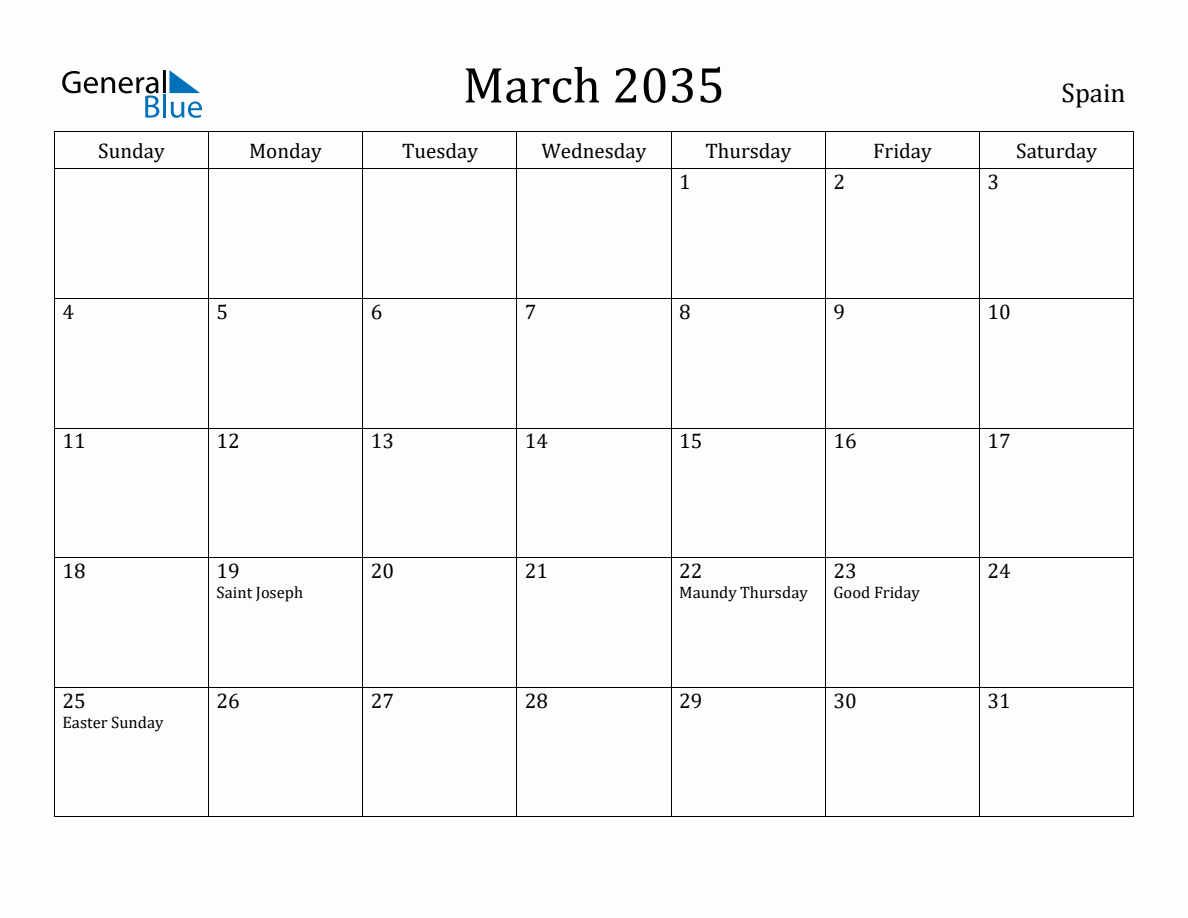 March 2035 Monthly Calendar with Spain Holidays