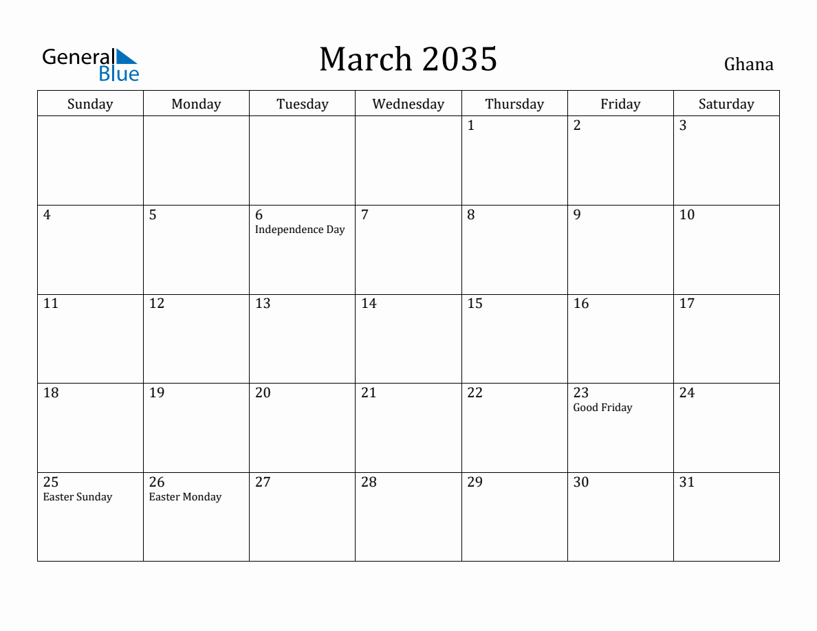 March 2035 Monthly Calendar with Ghana Holidays