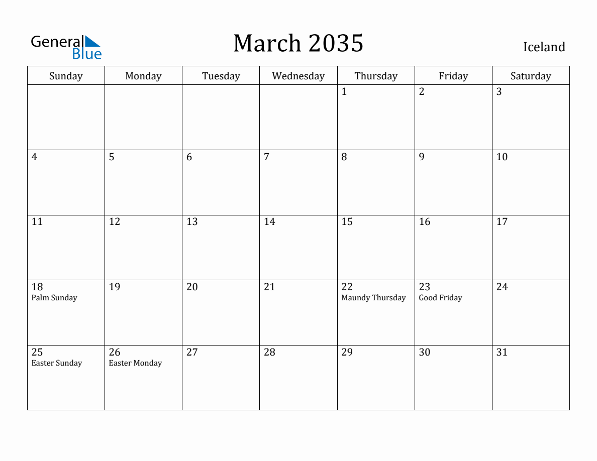 March 2035 Monthly Calendar with Iceland Holidays