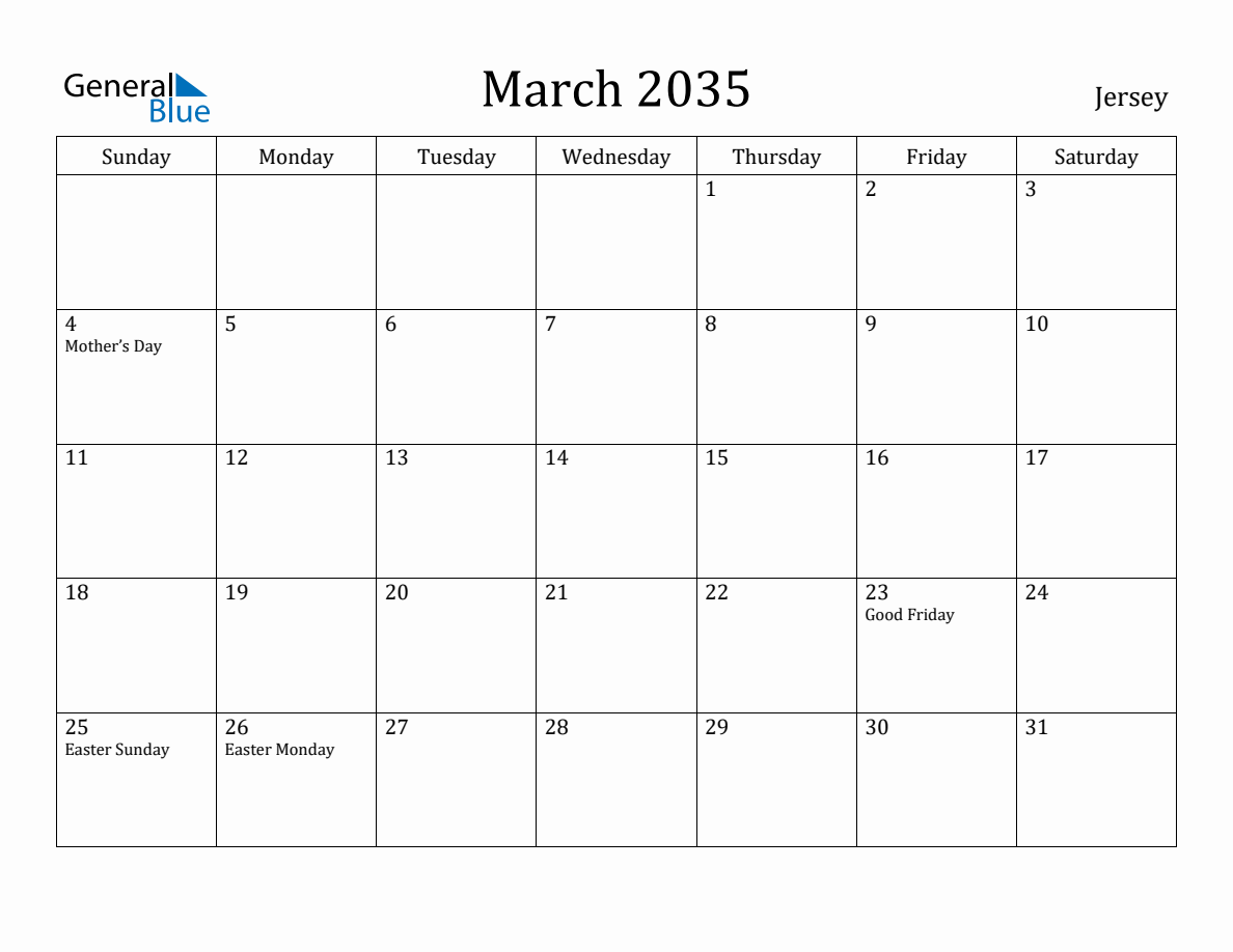 March 2035 Monthly Calendar with Jersey Holidays