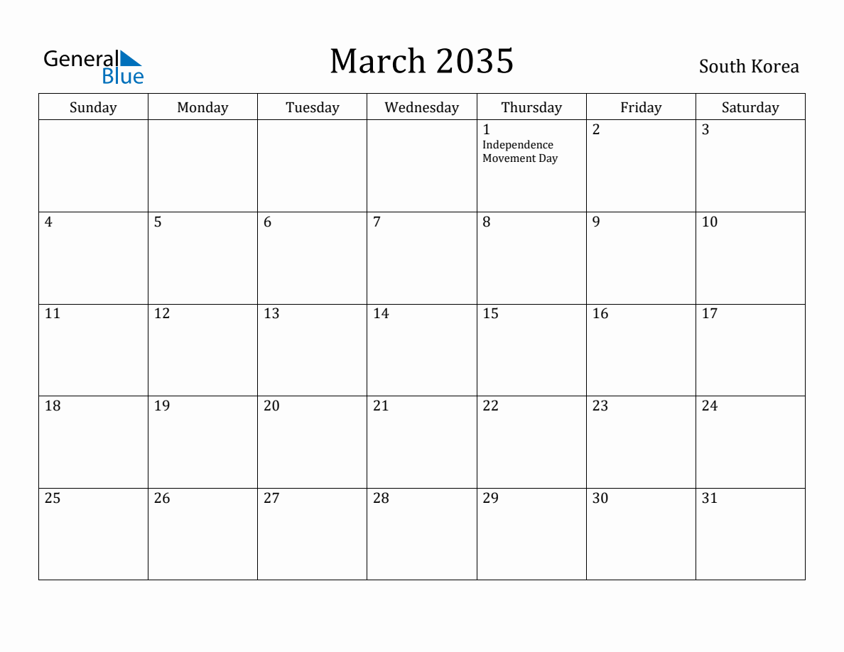 March 2035 Monthly Calendar with South Korea Holidays