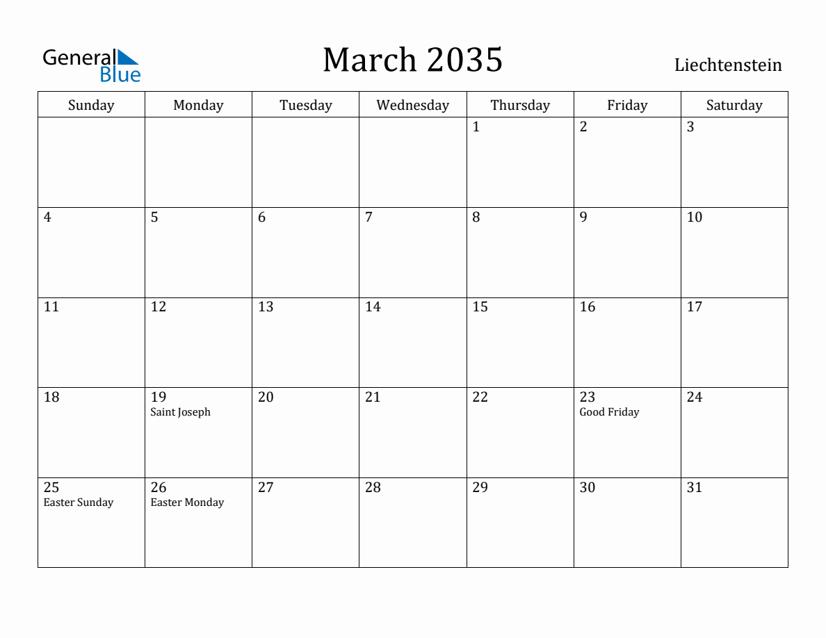 March 2035 Monthly Calendar with Liechtenstein Holidays
