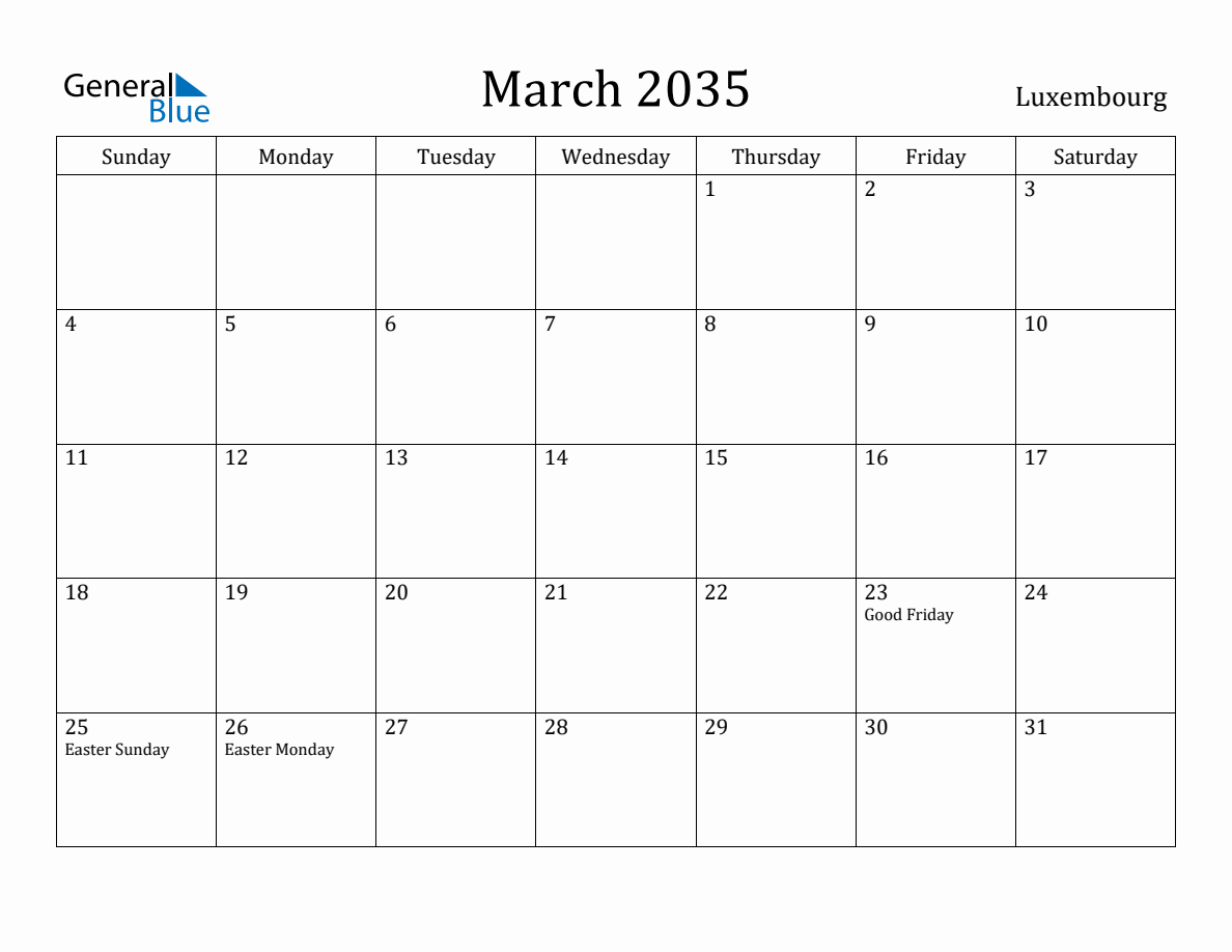 March 2035 Monthly Calendar with Luxembourg Holidays