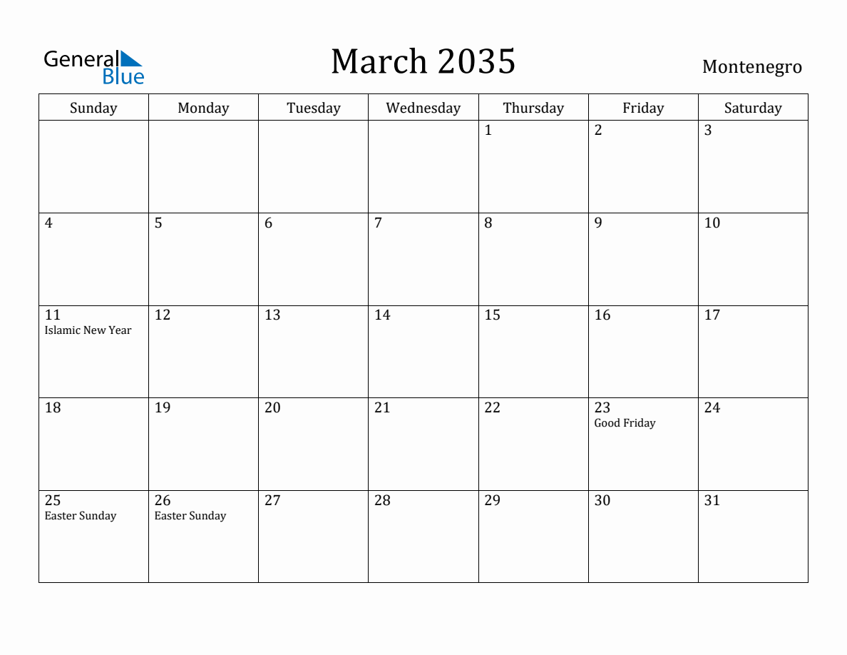March 2035 Monthly Calendar with Montenegro Holidays