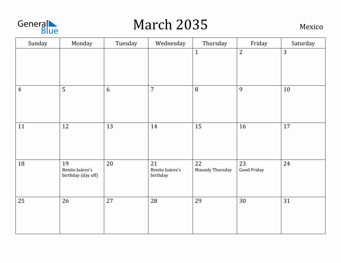 March 2035 Monthly Calendar with Mexico Holidays