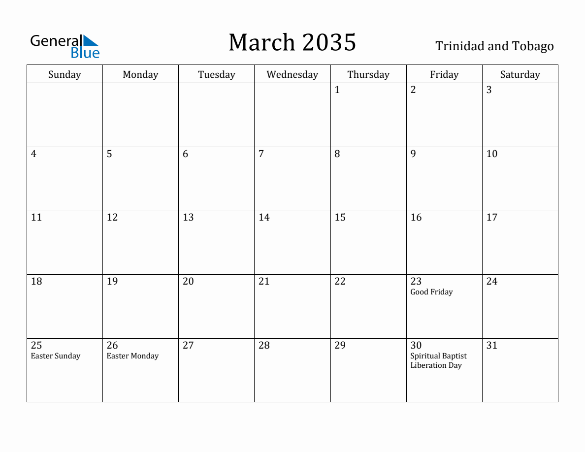 March 2035 Monthly Calendar with Trinidad and Tobago Holidays
