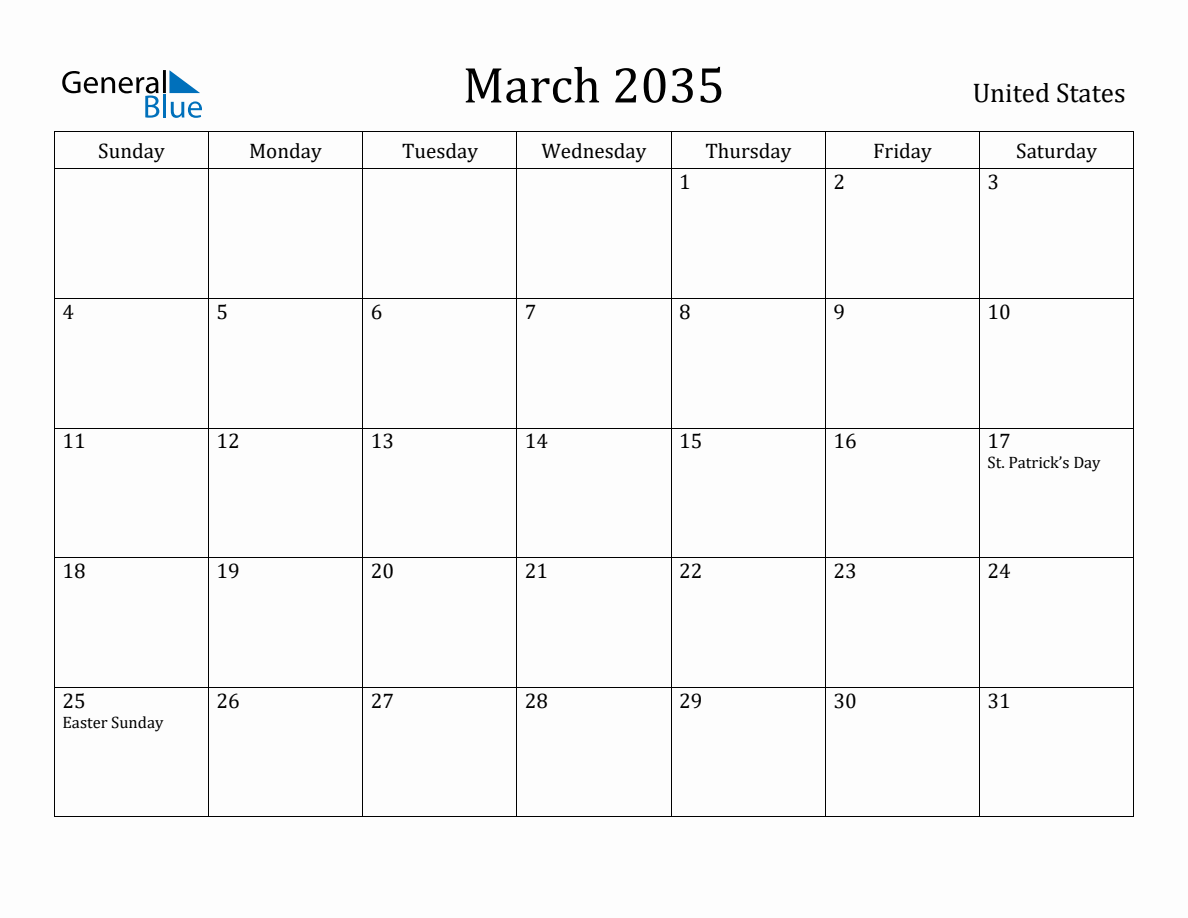 March 2035 Monthly Calendar with United States Holidays