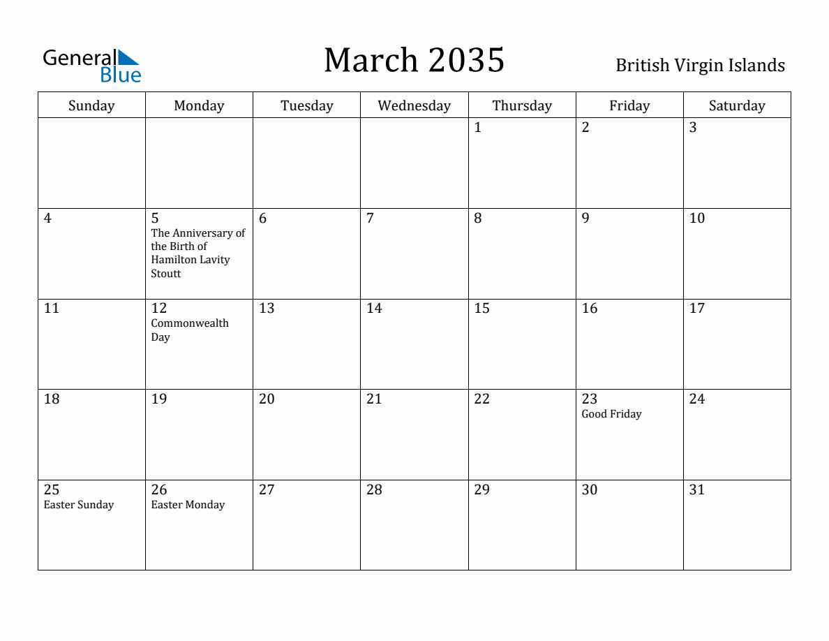 March 2035 Monthly Calendar with British Virgin Islands Holidays