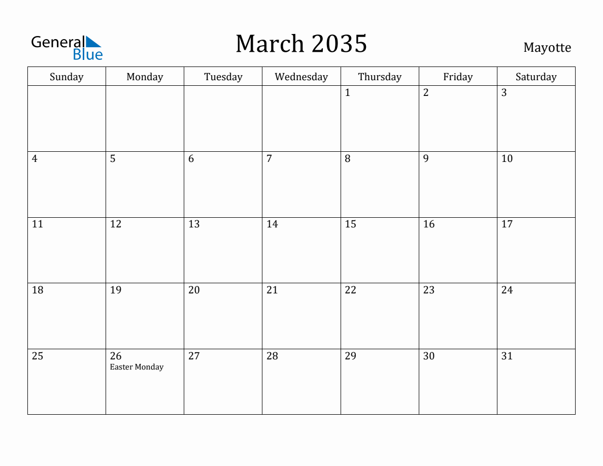 March 2035 Monthly Calendar with Mayotte Holidays