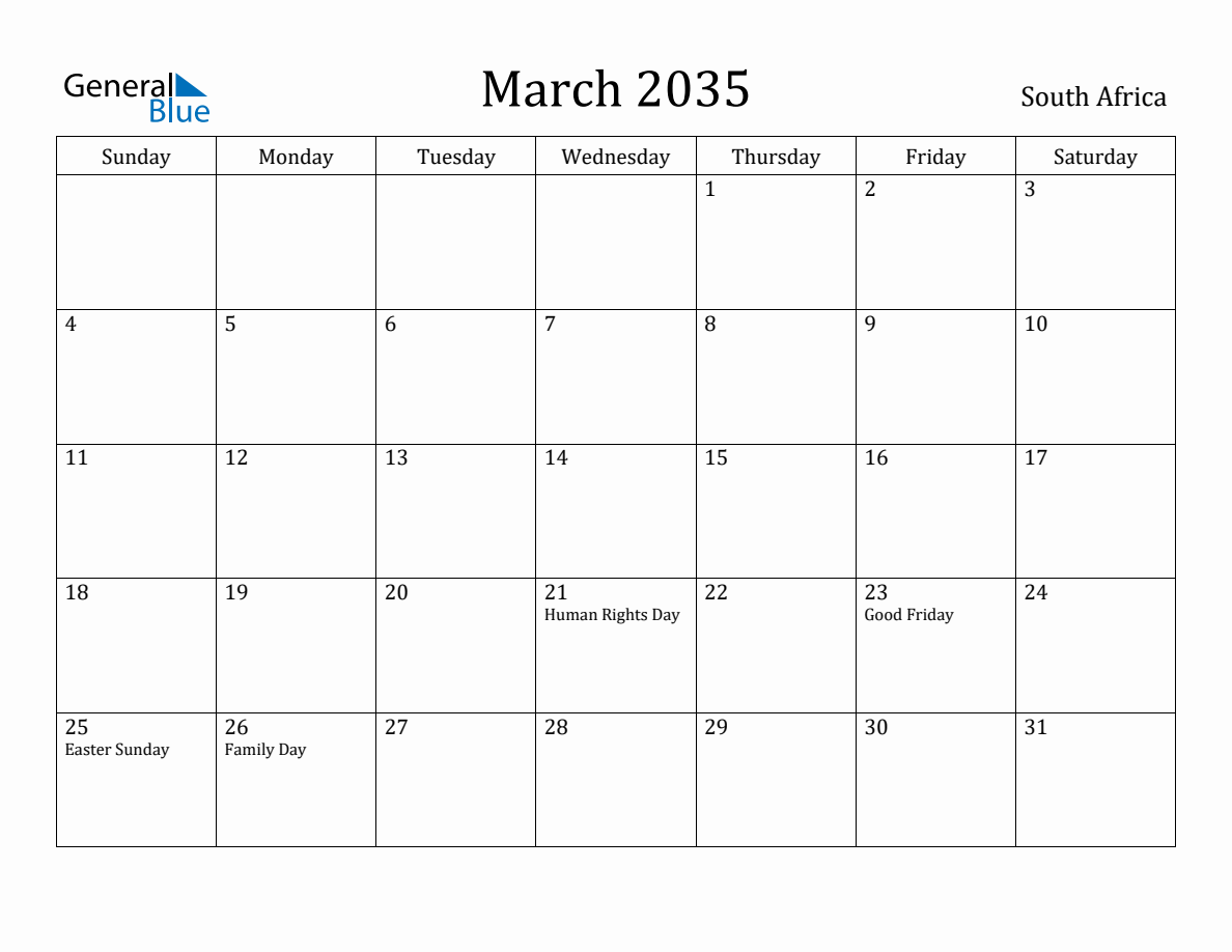 March 2035 Monthly Calendar with South Africa Holidays