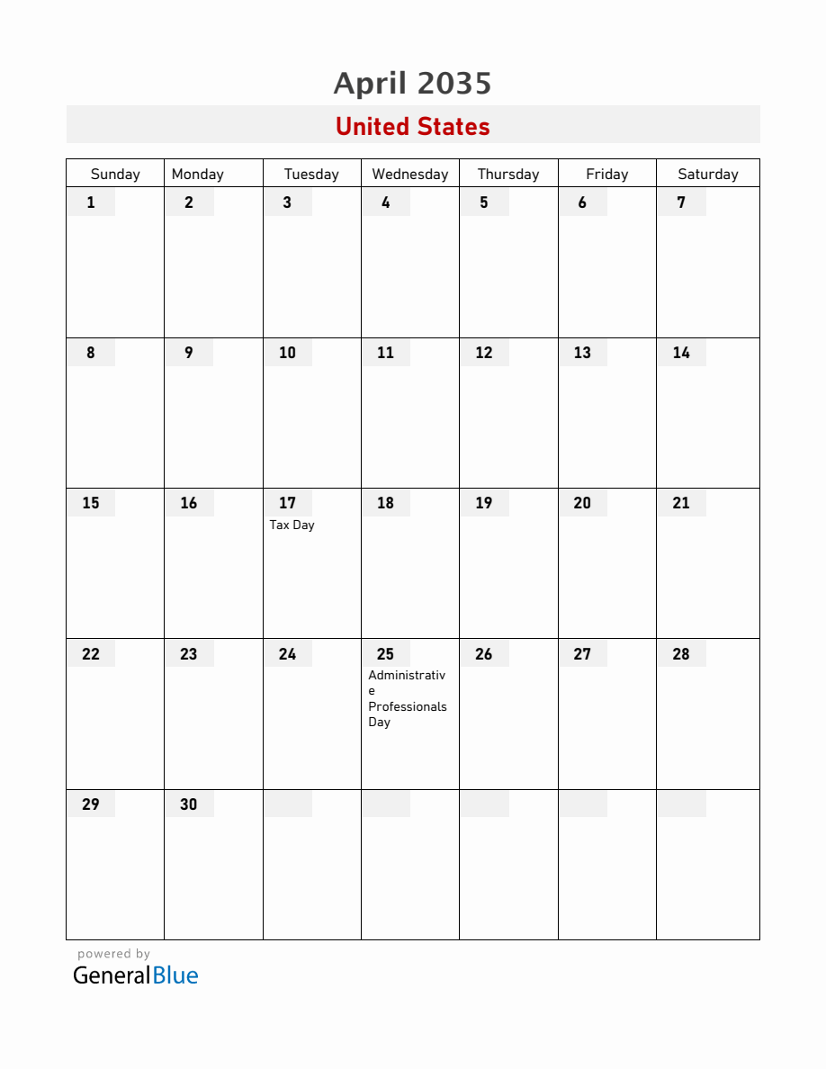 United States April 2035 Calendar with Holidays