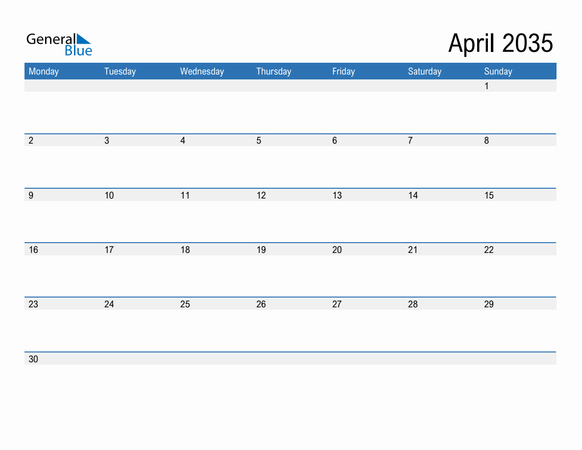 Editable Calendar Template for April 2035 - Monday Start