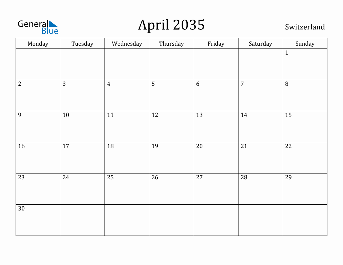April 2035 - Switzerland Monthly Calendar with Holidays