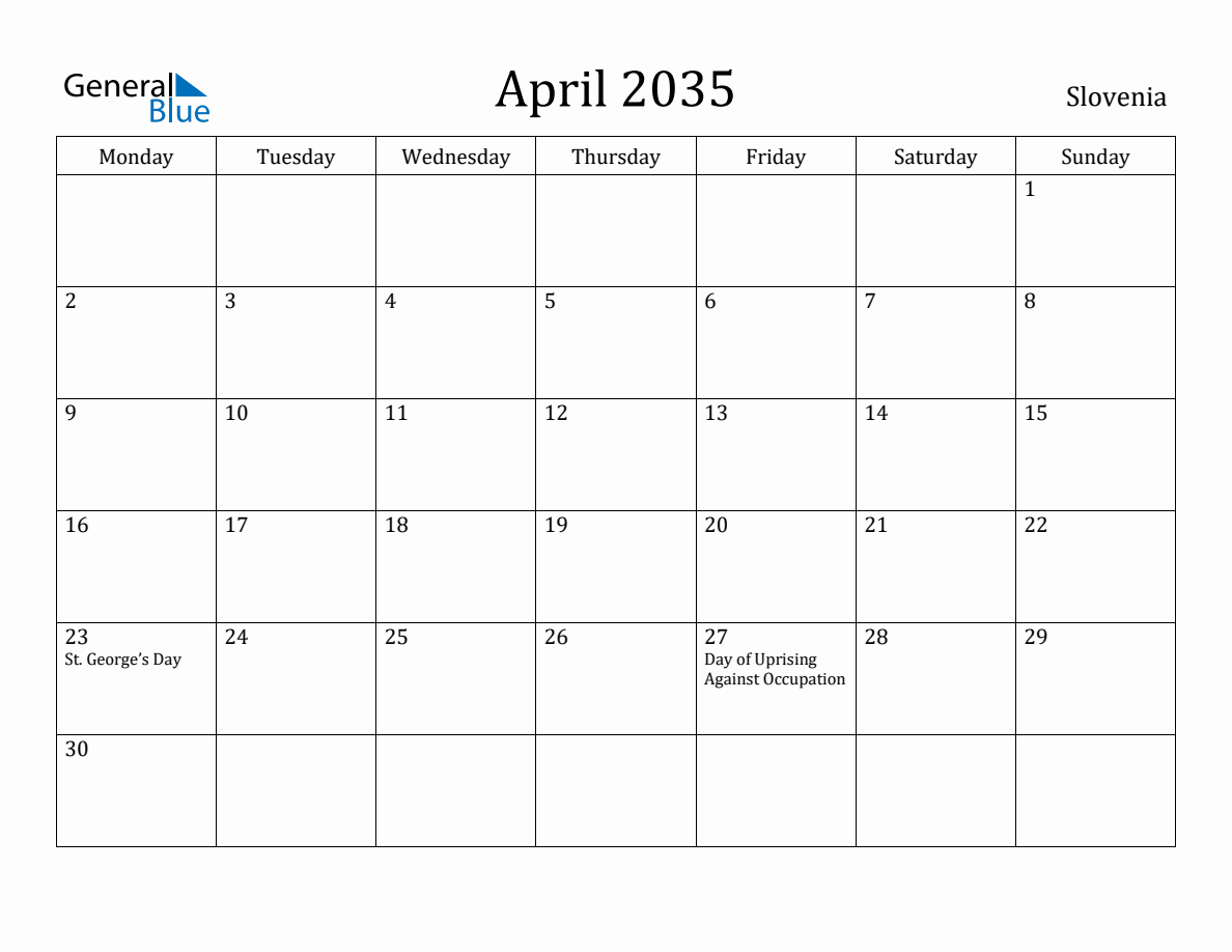 April 2035 - Slovenia Monthly Calendar with Holidays