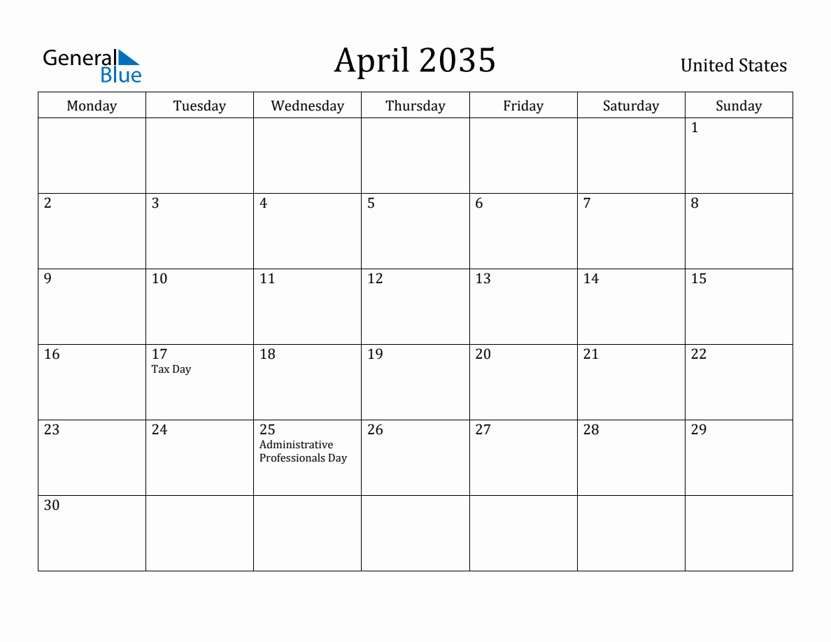 United States Monthly Calendar - April 2035 (Monday Start)