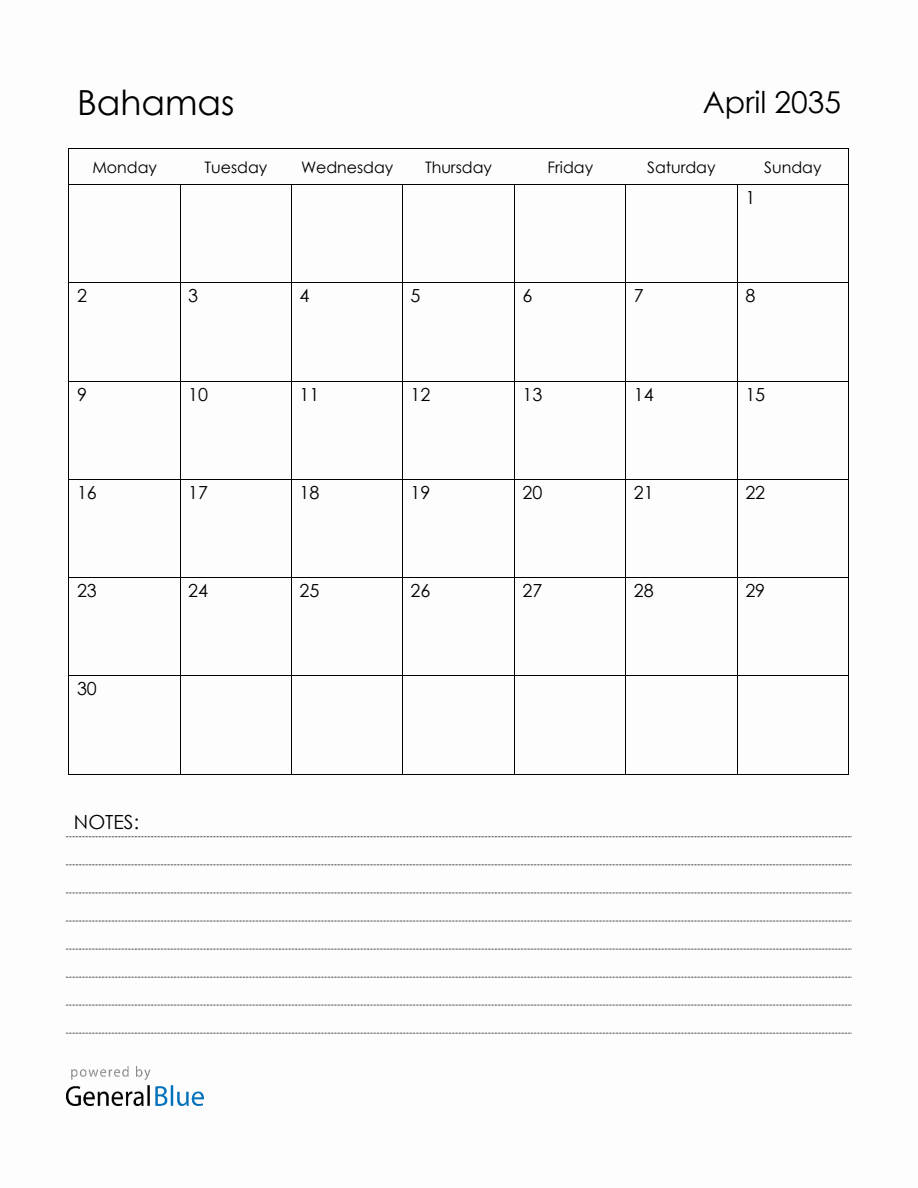 April 2035 Bahamas Calendar with Holidays