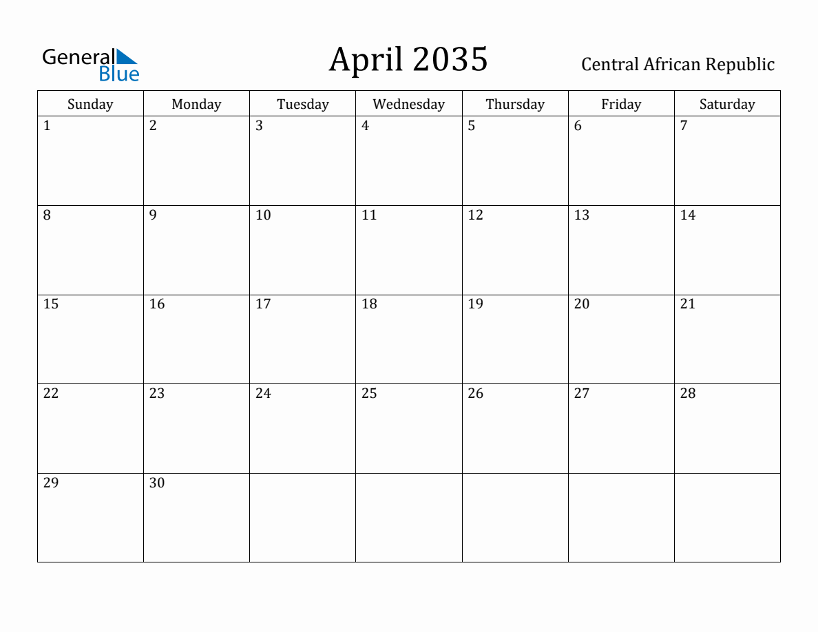 April 2035 Monthly Calendar with Central African Republic Holidays