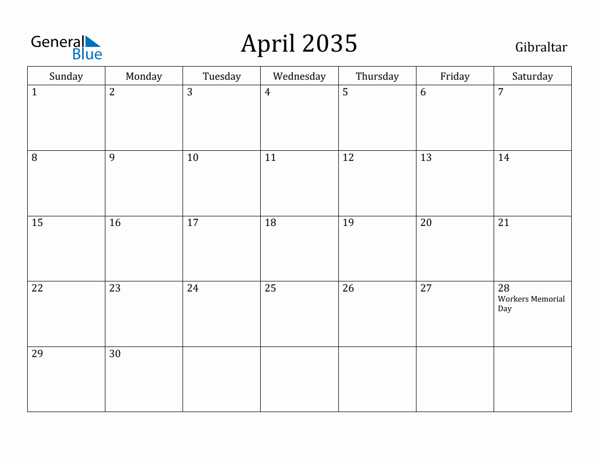 April 2035 Monthly Calendar with Gibraltar Holidays