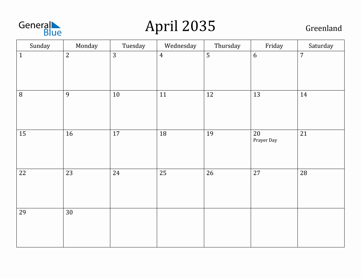 April 2035 Monthly Calendar with Greenland Holidays