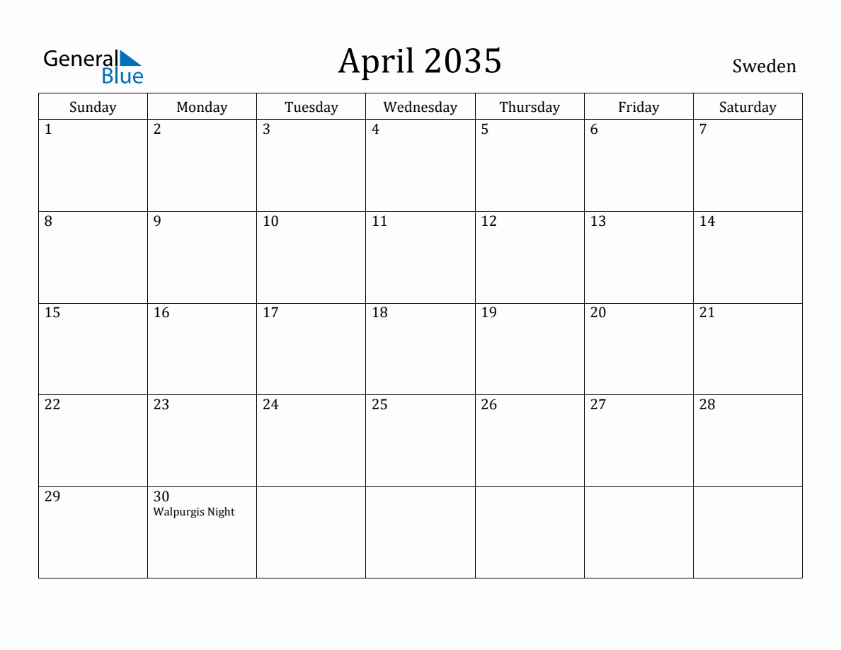 April 2035 Monthly Calendar with Sweden Holidays