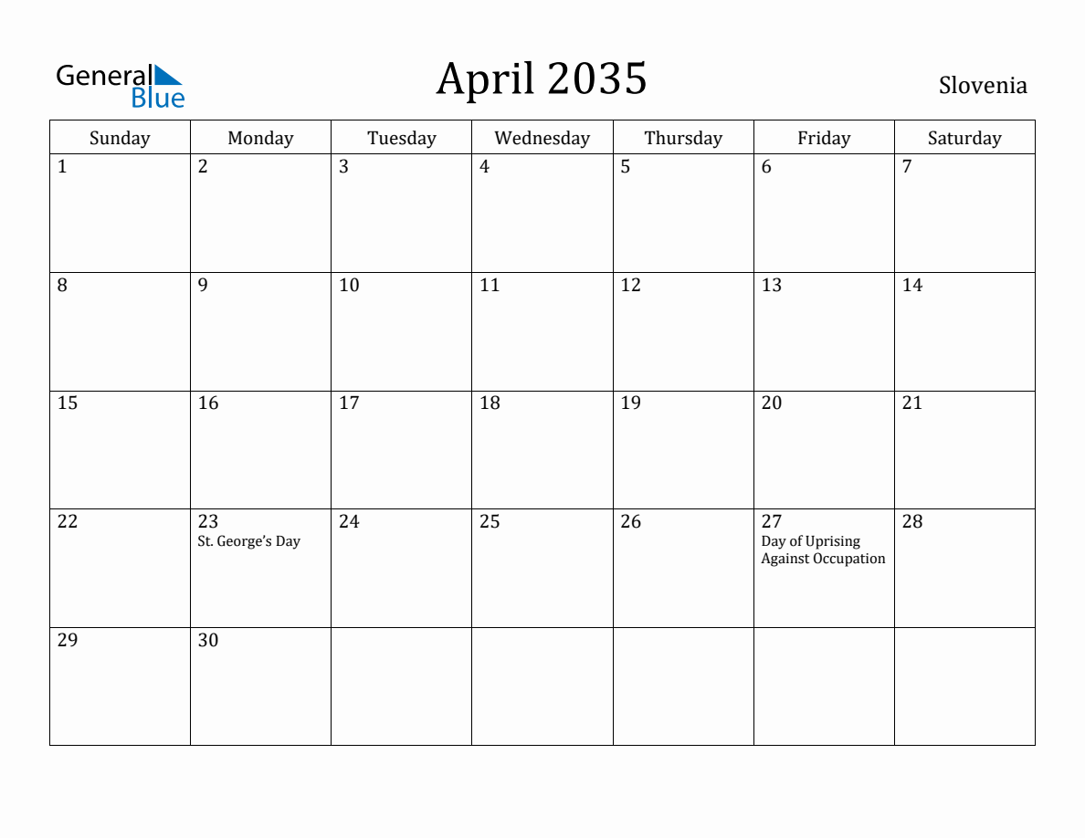 April 2035 Monthly Calendar with Slovenia Holidays