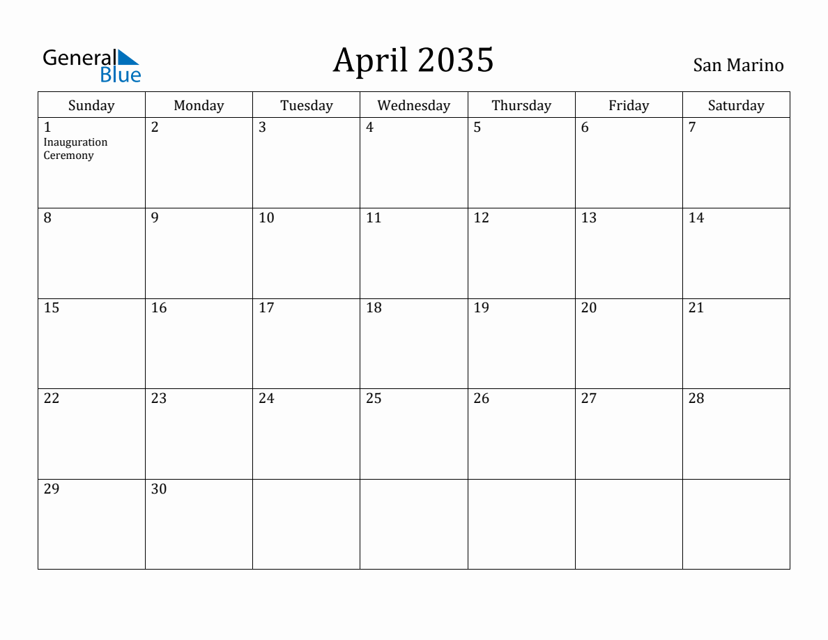 April 2035 Monthly Calendar with San Marino Holidays