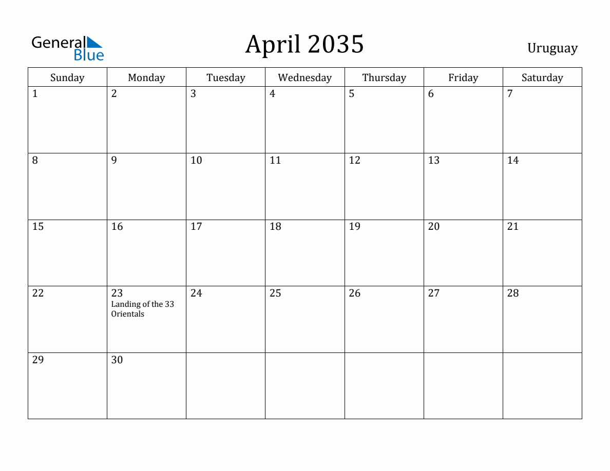 April 2035 Monthly Calendar with Uruguay Holidays