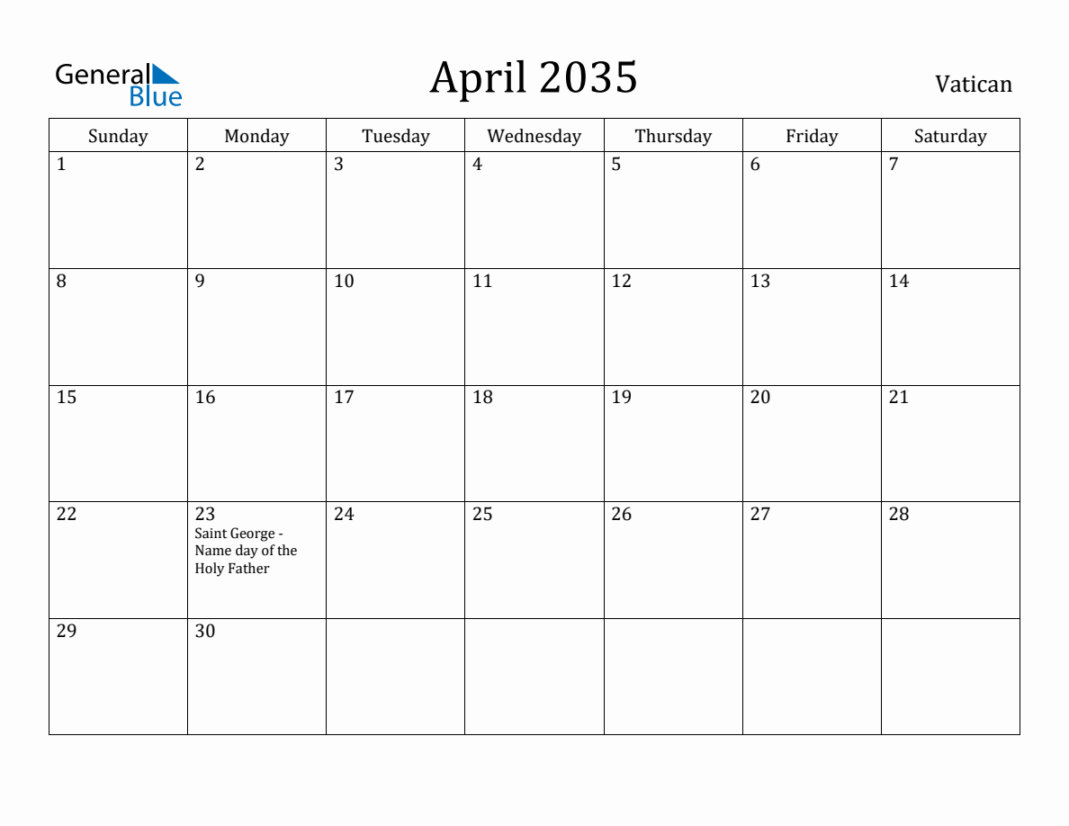 April 2035 Monthly Calendar with Vatican Holidays