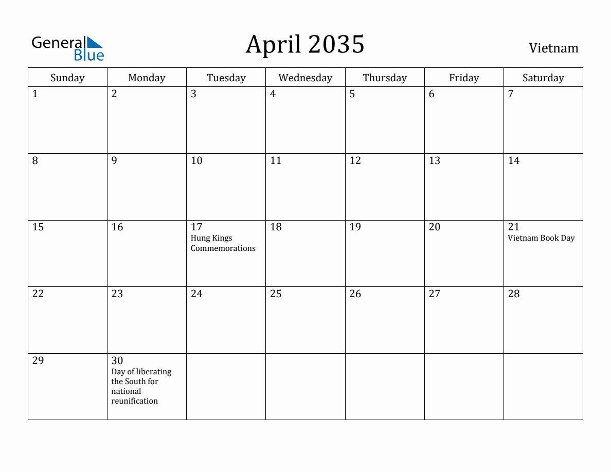 April 2035 Monthly Calendar with Vietnam Holidays