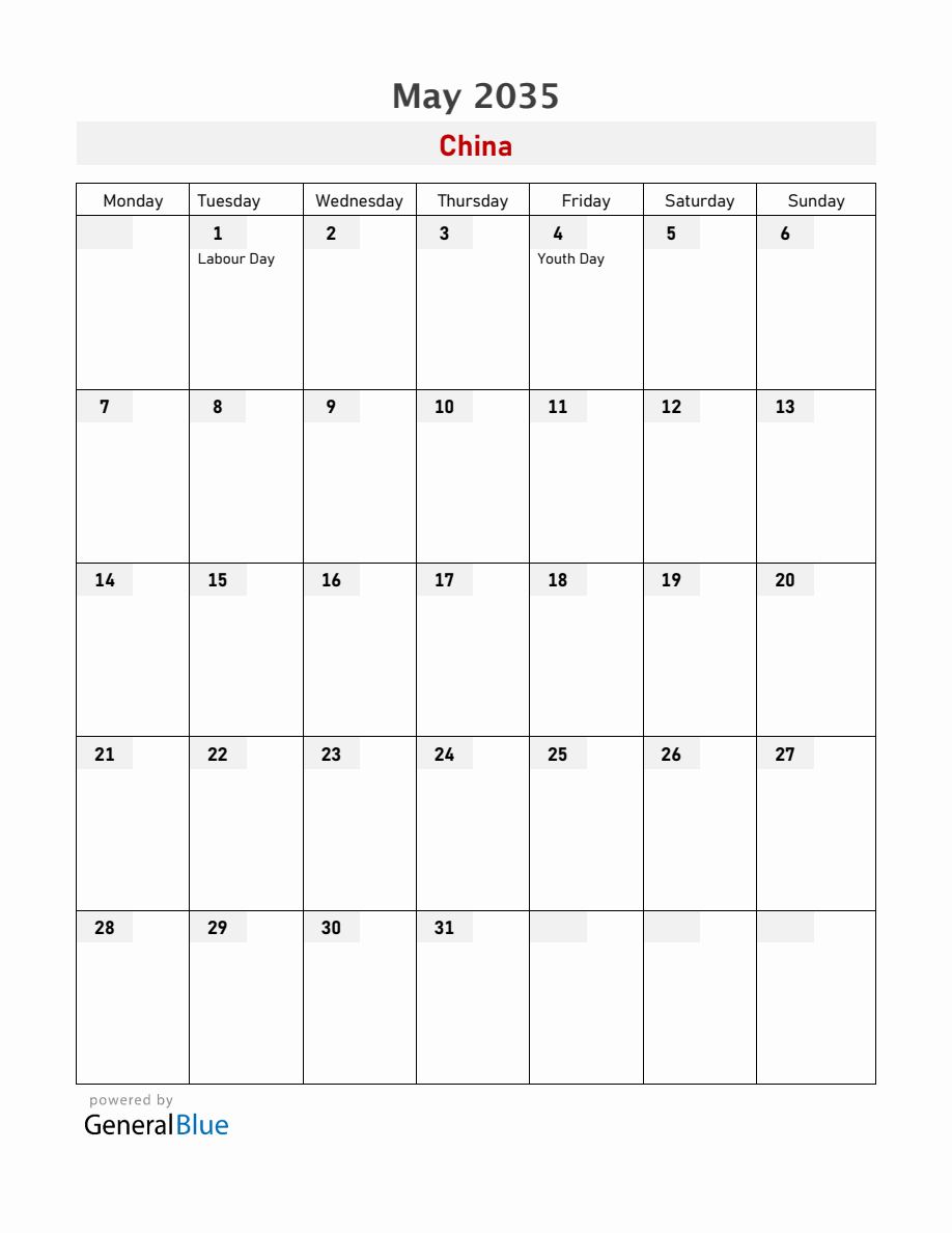 China May 2035 Calendar with Holidays (Monday Start)