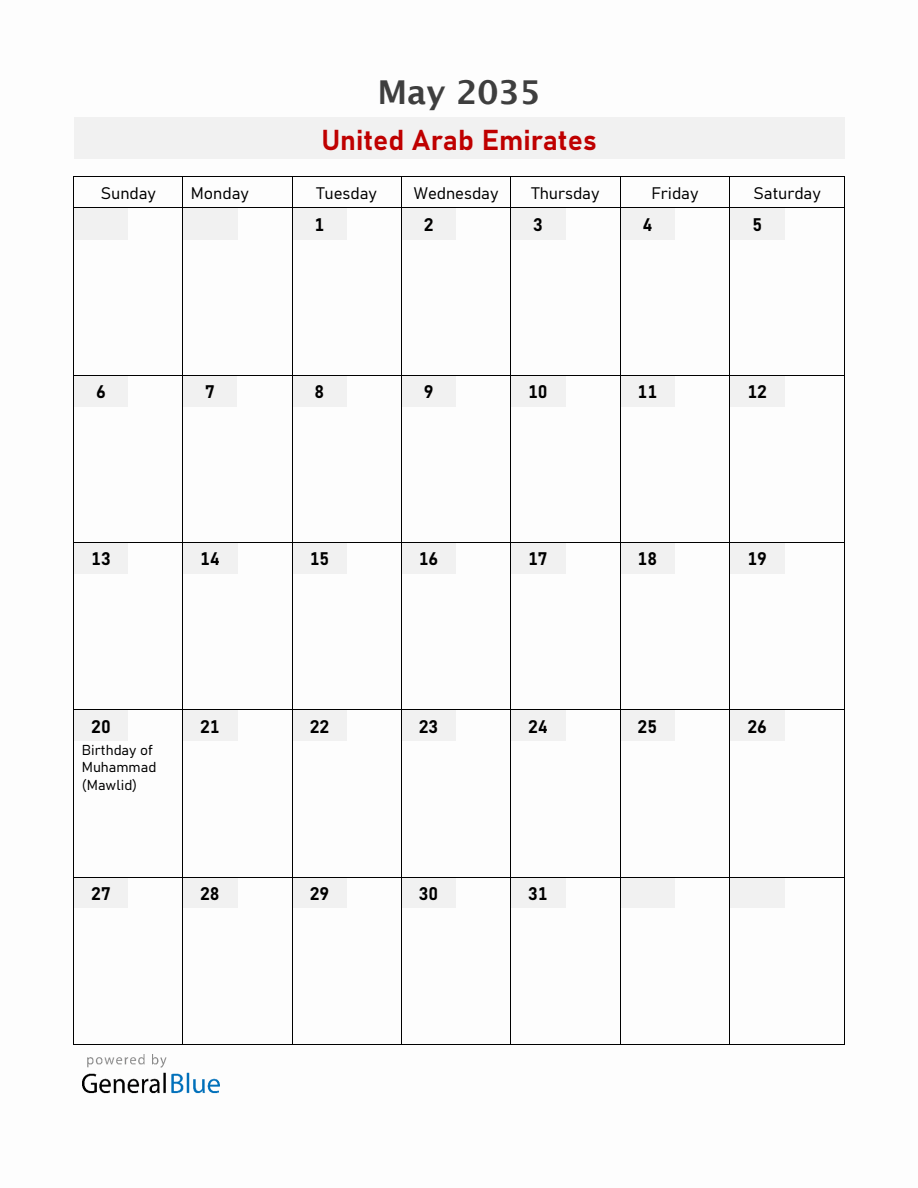 United Arab Emirates May 2035 Calendar with Holidays