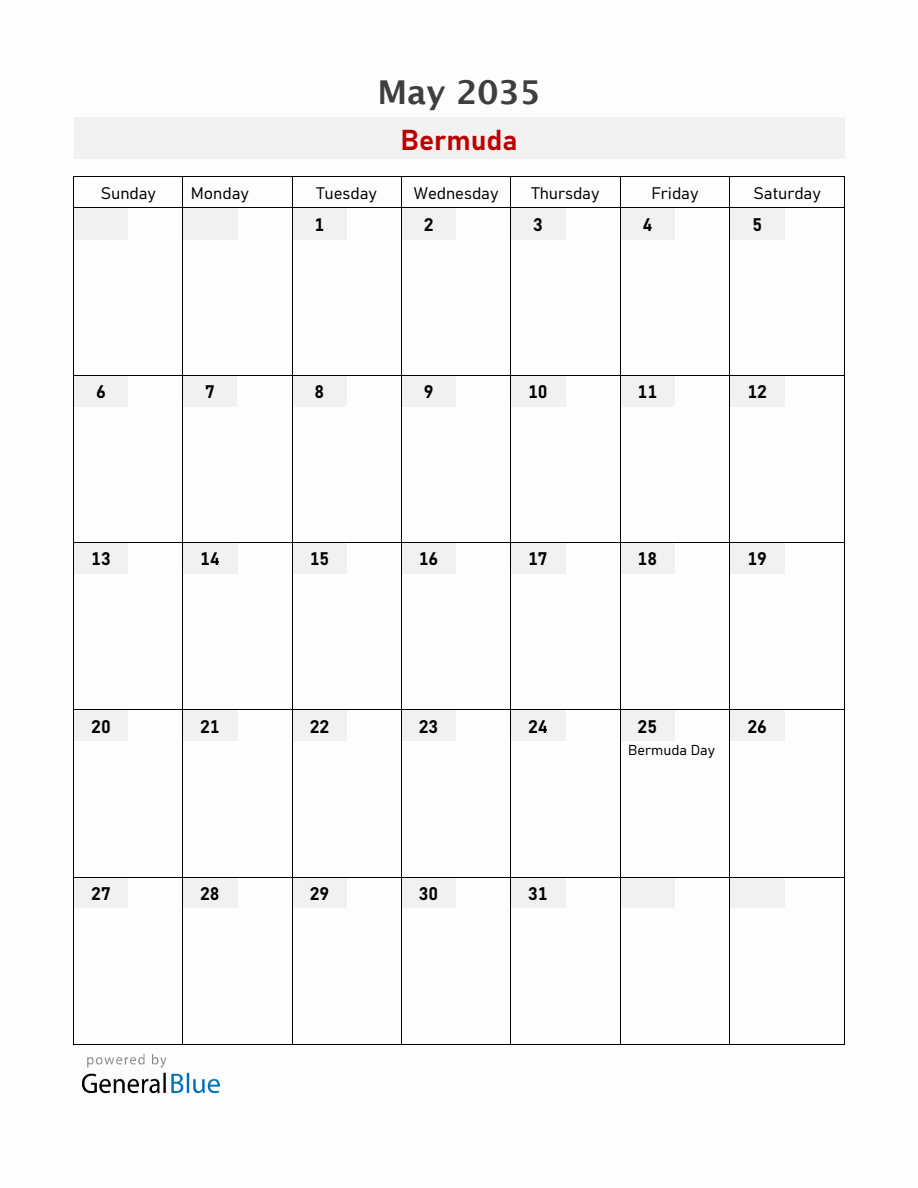 Bermuda May 2035 Calendar with Holidays