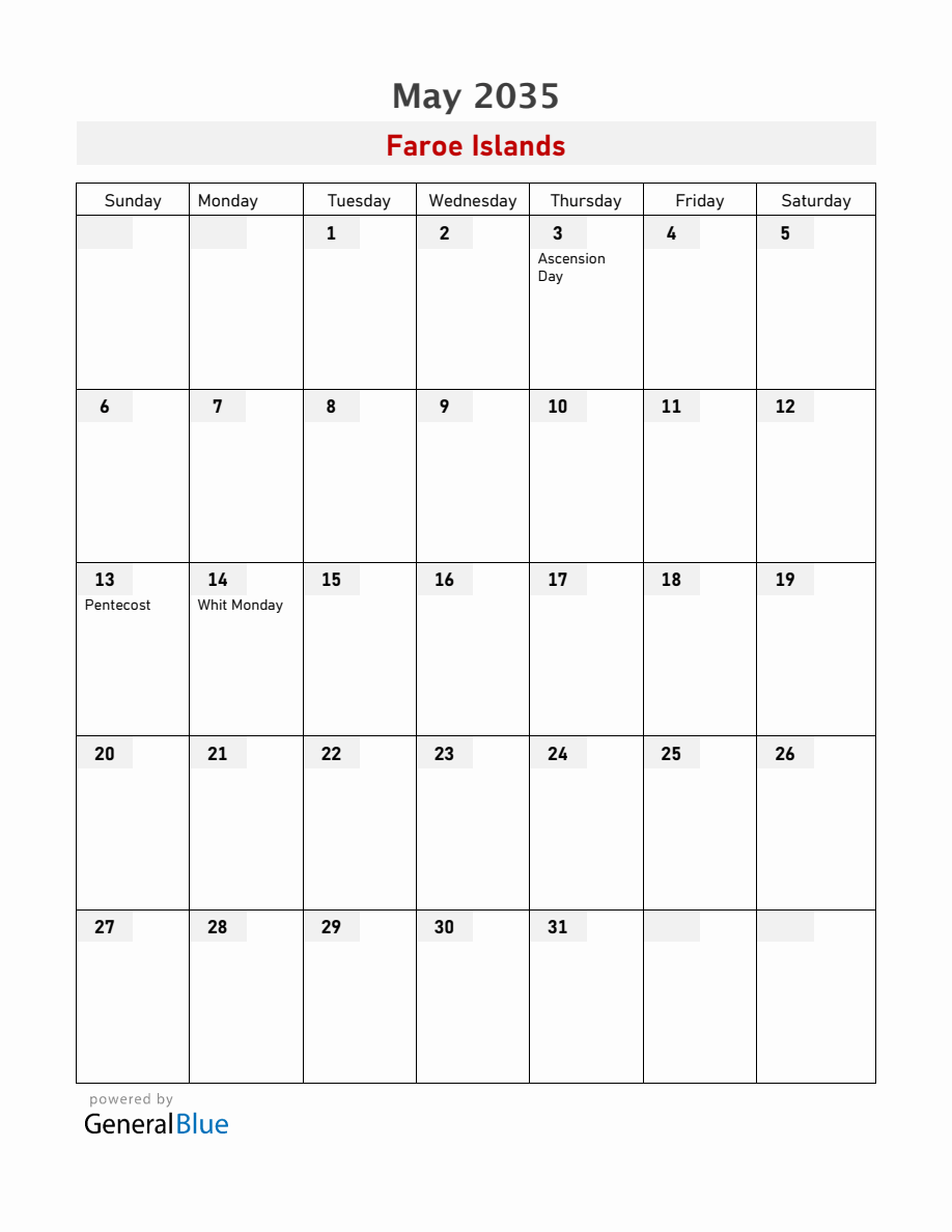 Faroe Islands May 2035 Calendar with Holidays