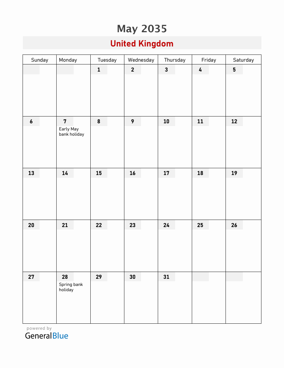 United Kingdom May 2035 Calendar with Holidays