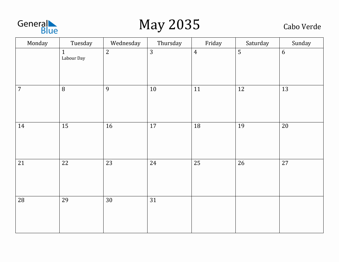 May 2035 - Cabo Verde Monthly Calendar with Holidays