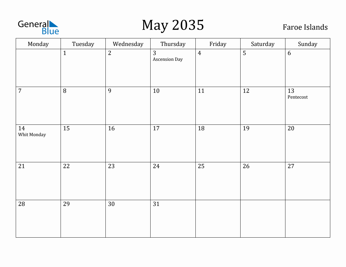 May 2035 Monthly Calendar with Faroe Islands Holidays