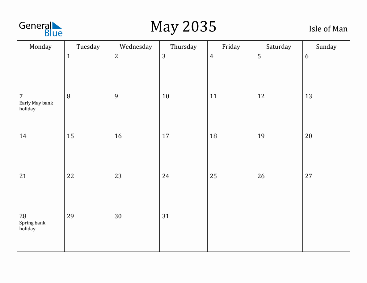 May 2035 - Isle of Man Monthly Calendar with Holidays