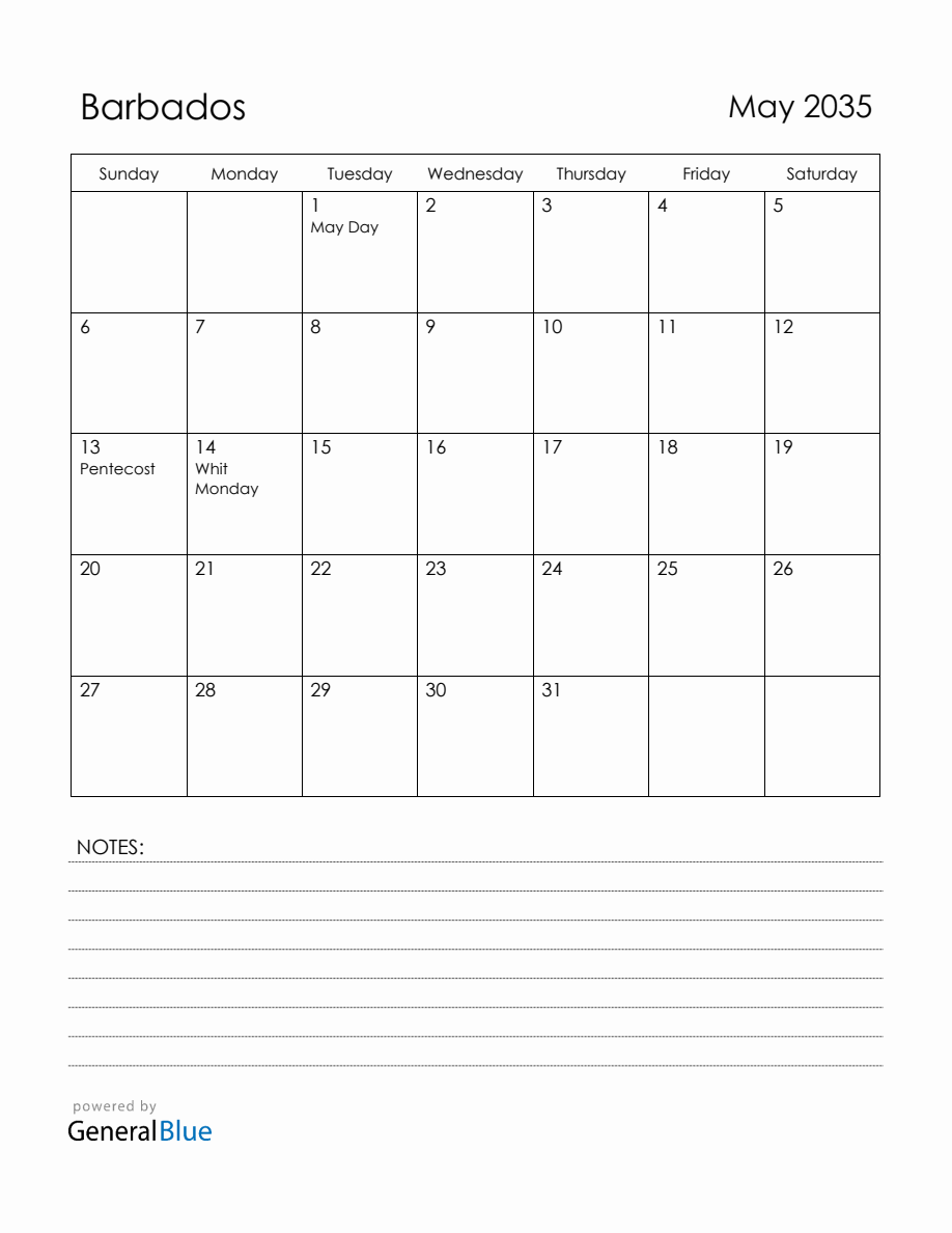 May 2035 Barbados Calendar with Holidays