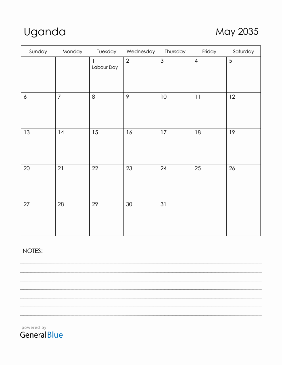 May 2035 Uganda Calendar with Holidays