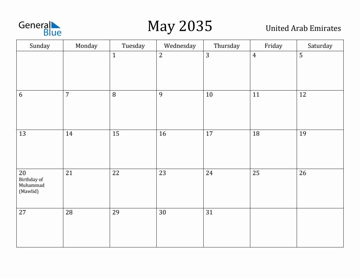 May 2035 Monthly Calendar with United Arab Emirates Holidays