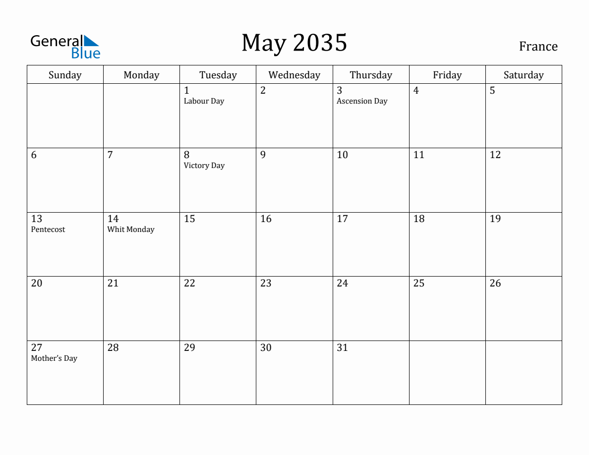 May 2035 Monthly Calendar with France Holidays