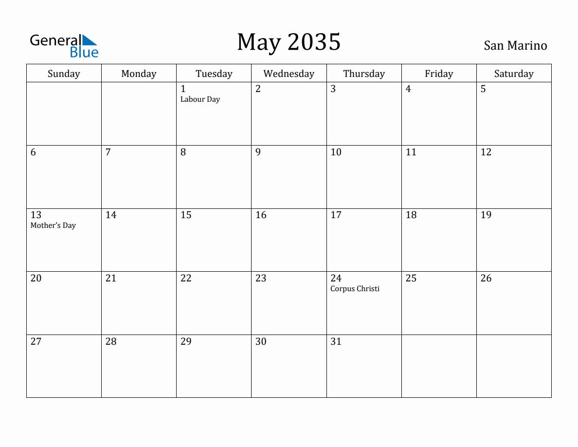 May 2035 Monthly Calendar with San Marino Holidays