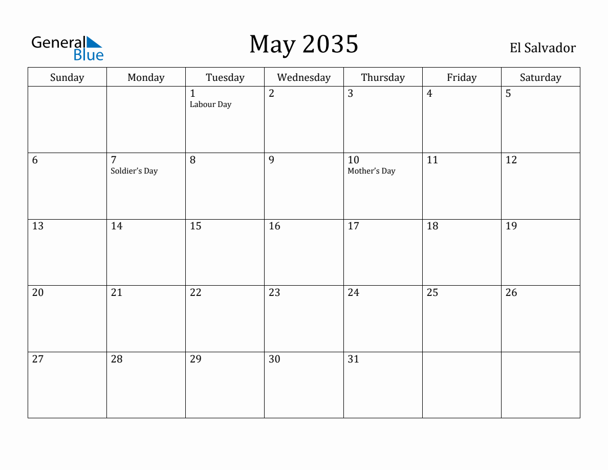 May 2035 Monthly Calendar with El Salvador Holidays