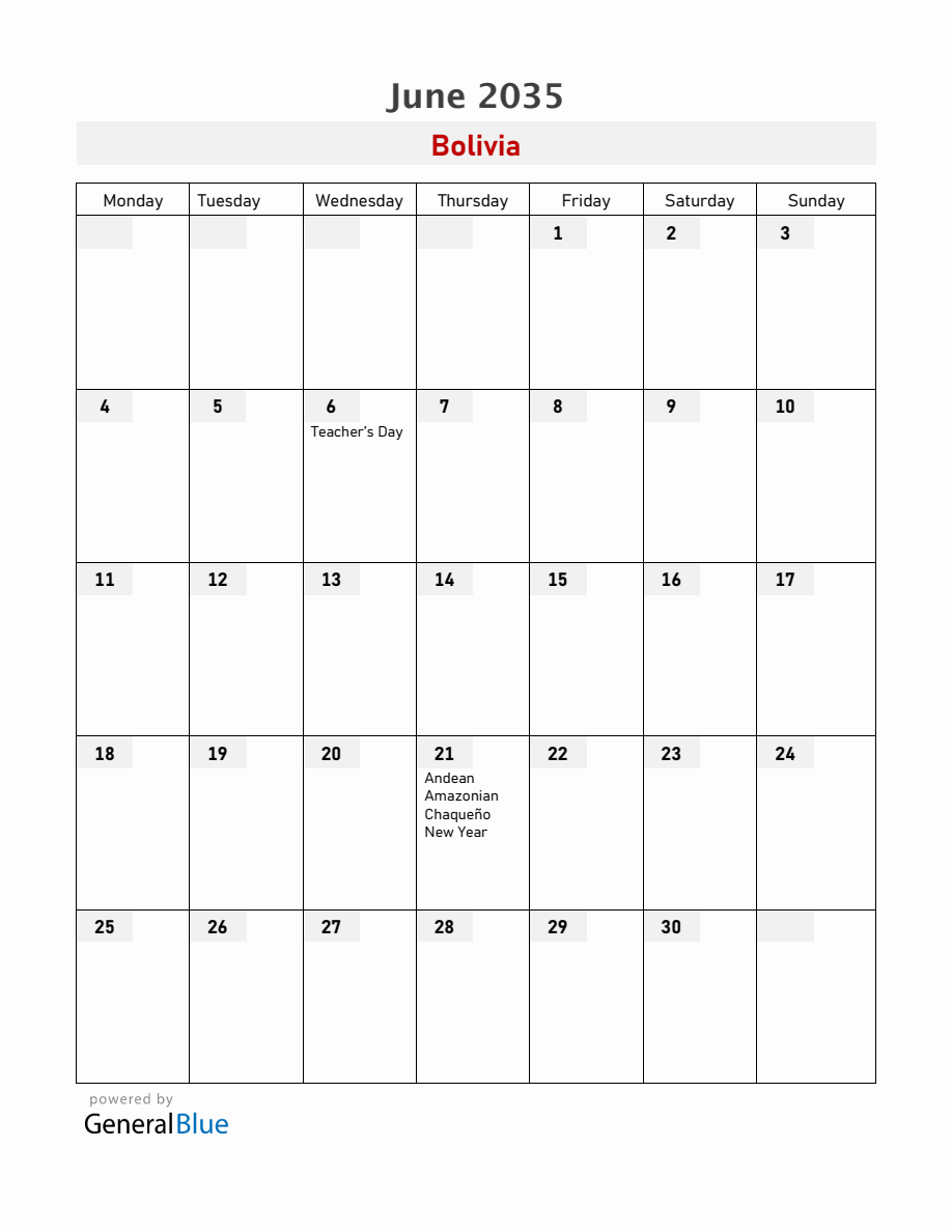 Bolivia June 2035 Calendar with Holidays